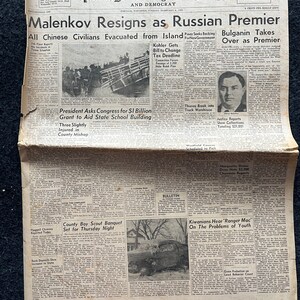1955 Malenkov Resigns of Soviet Union, Vintage Newspaper, Original ...