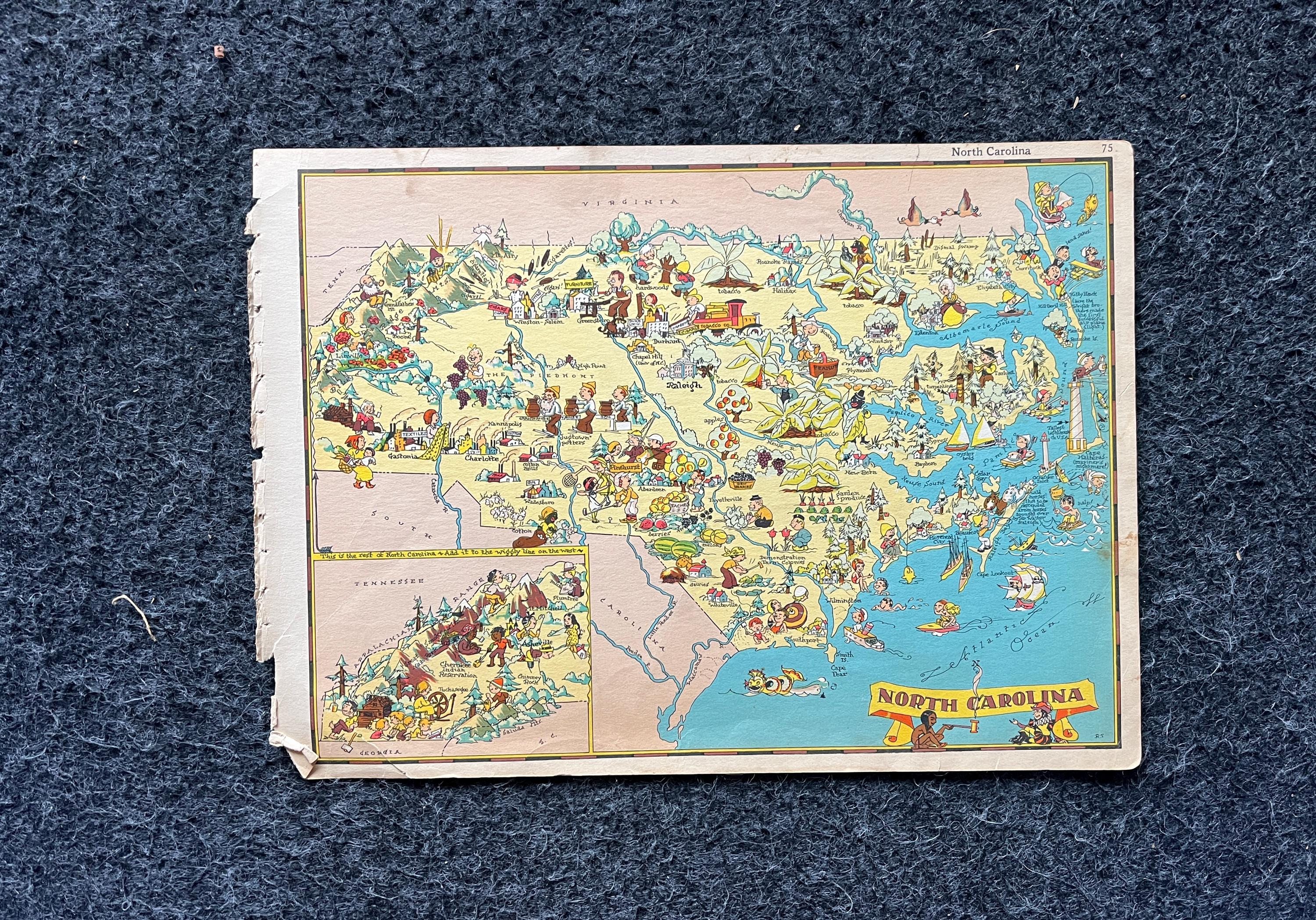 1931 Cartoon NORTH CAROLINA Pictorial Map, Original Atlas Page, Cottage ...
