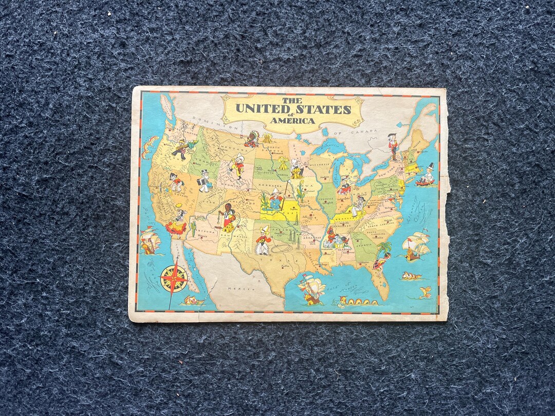 1931 Cartoon United States of America, Original Atlas Page, Cottage ...