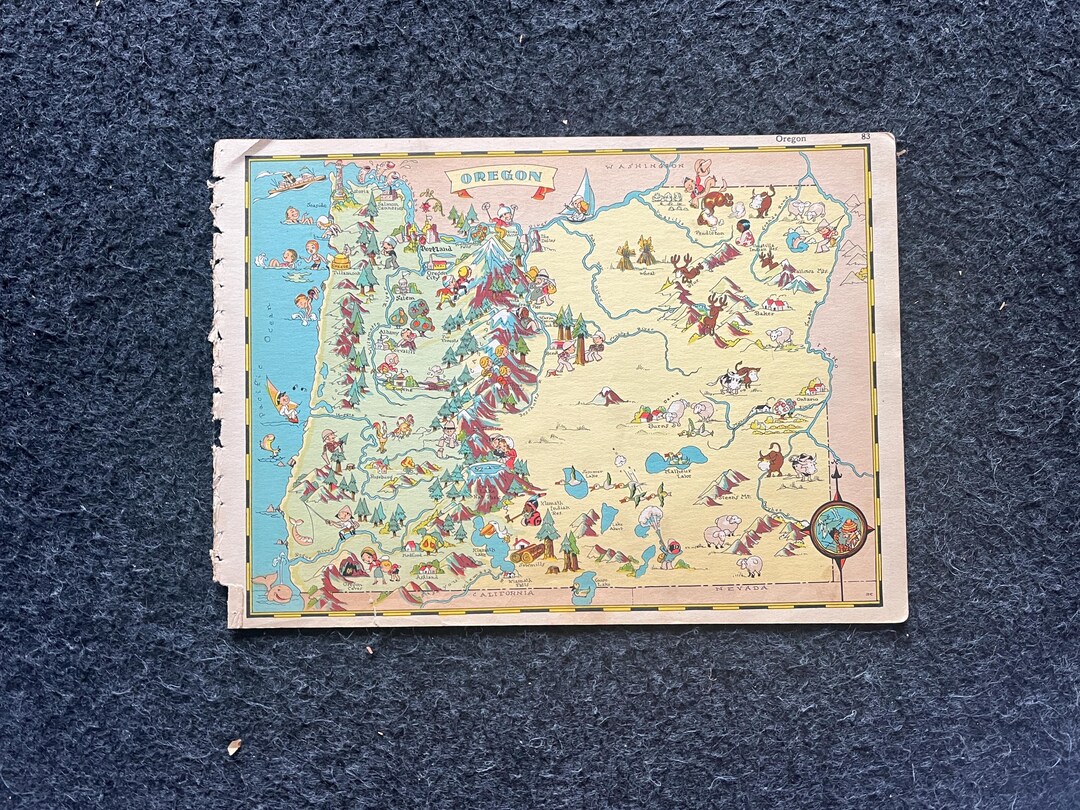 1931 Cartoon OREGON Pictorial Map, Original Atlas Page, Cottage Core ...