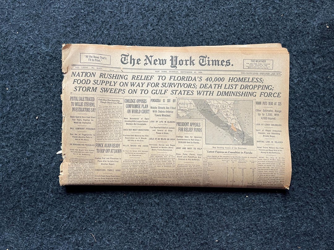 1926 Great Miami Hurricane, Original Vintage Newspaper, Miami Florida ...
