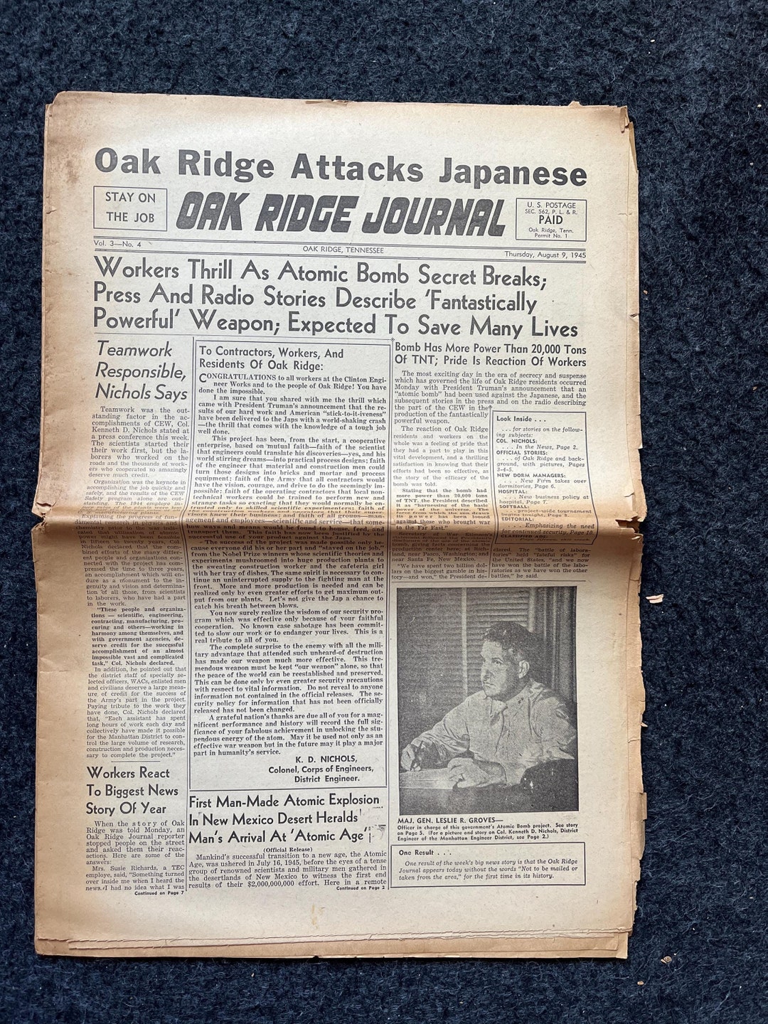 Top Secret Oak Ridge Newspaper on Atomic Bombing of Hiroshima, Enola ...