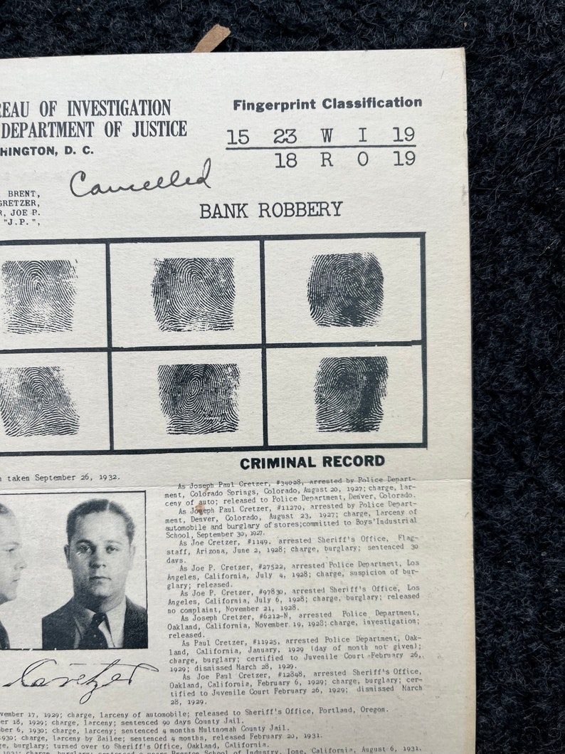 Authentic 1930s Joseph Cretzer, Cretzer-kyle Gang, FBI Wanted Poster ...