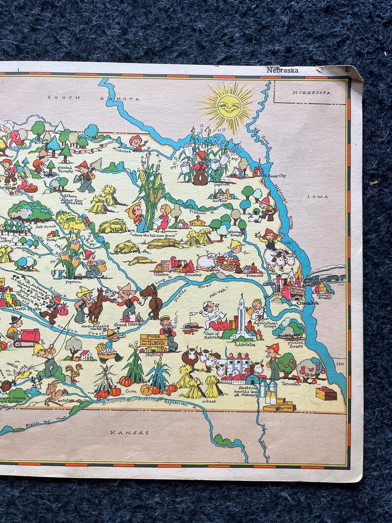 1931 Cartoon NEBRASKA Pictorial Map, Original Atlas Page, Cottage Core ...