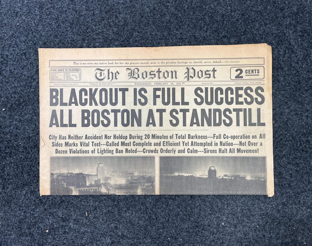 1942 Boston Blackout WW2 Early Vintage Newspaper, Wall Decor, Gifts for ...