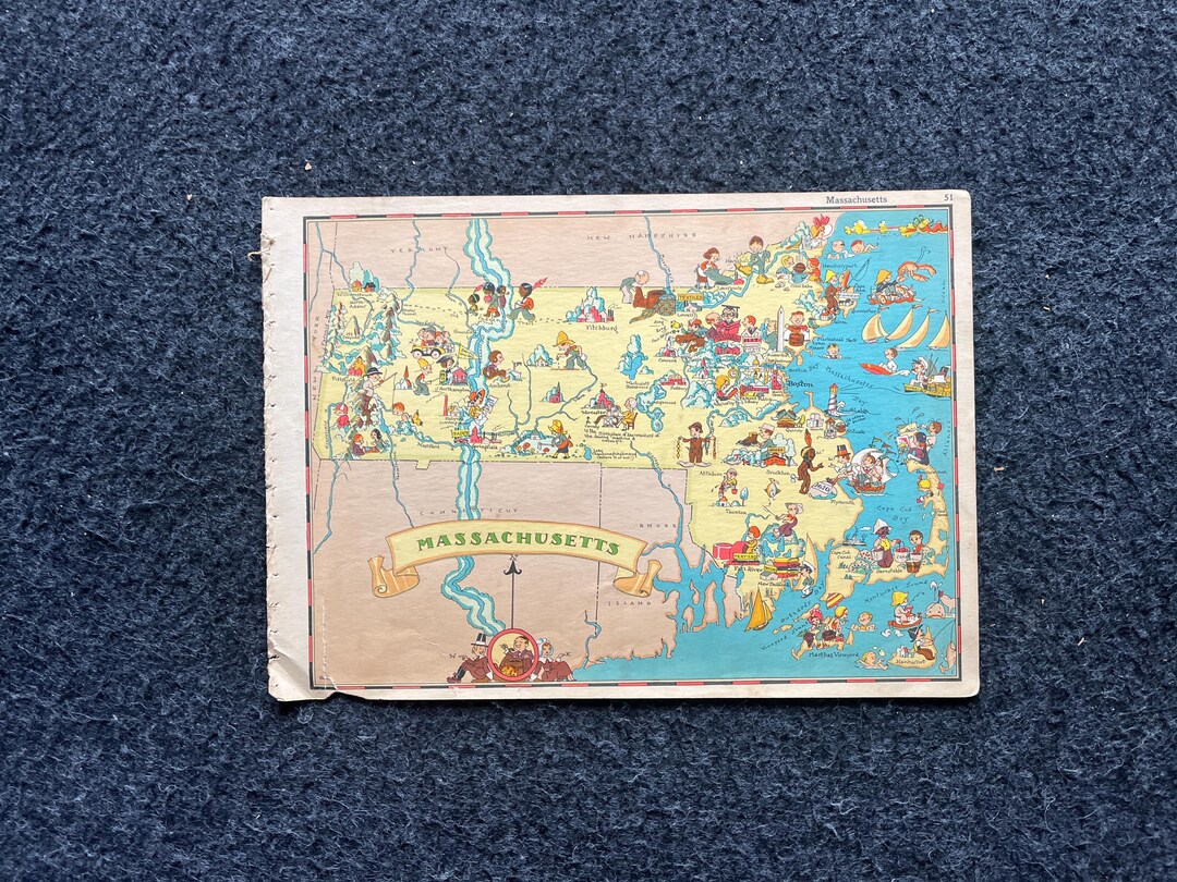 1931 Cartoon MASSACHUSETTS Pictorial Map, Original Atlas Page, Cottage ...