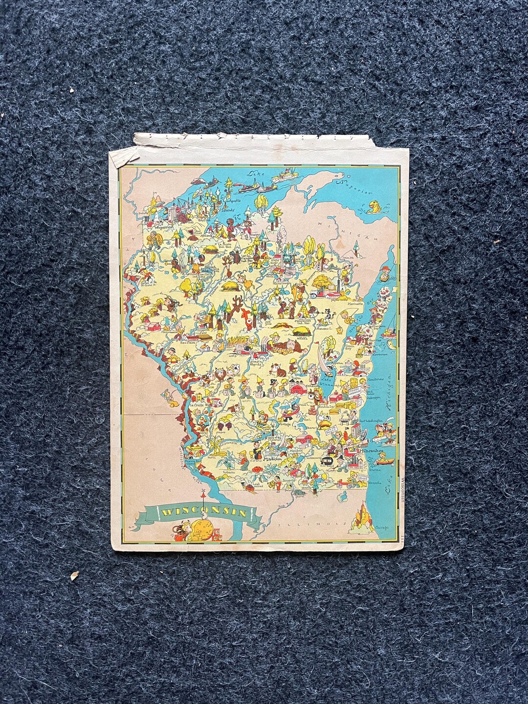 1931 Cartoon WISCONSIN Pictorial Map, Original Atlas Page, Cottage Core ...