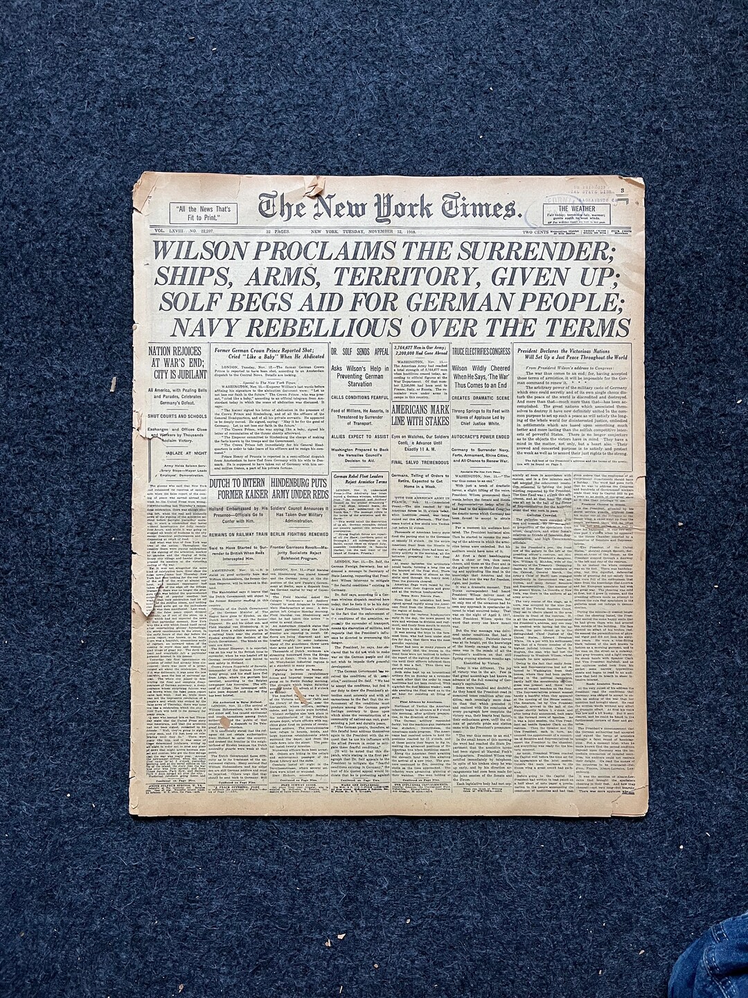 Original End of WWI Peace Newspaper WWI Memorabilia, Historic Gifts and ...