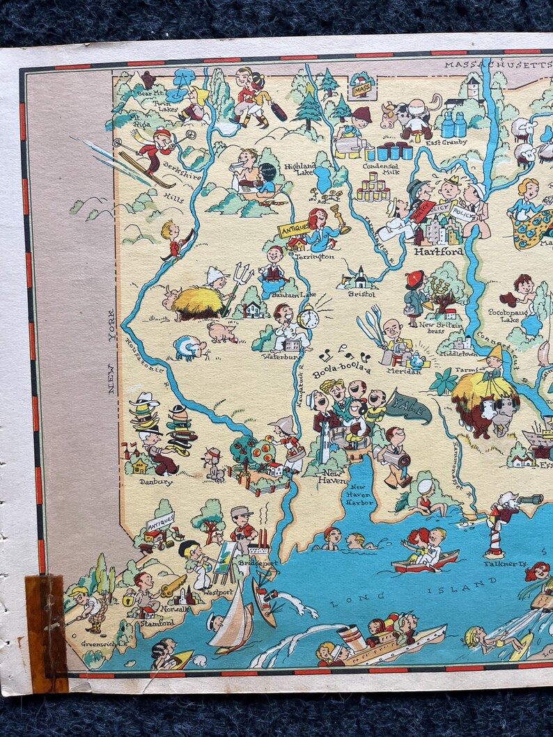 1931 Cartoon CONNETICUT Pictorial Map, Original Atlas Page, Cottage ...