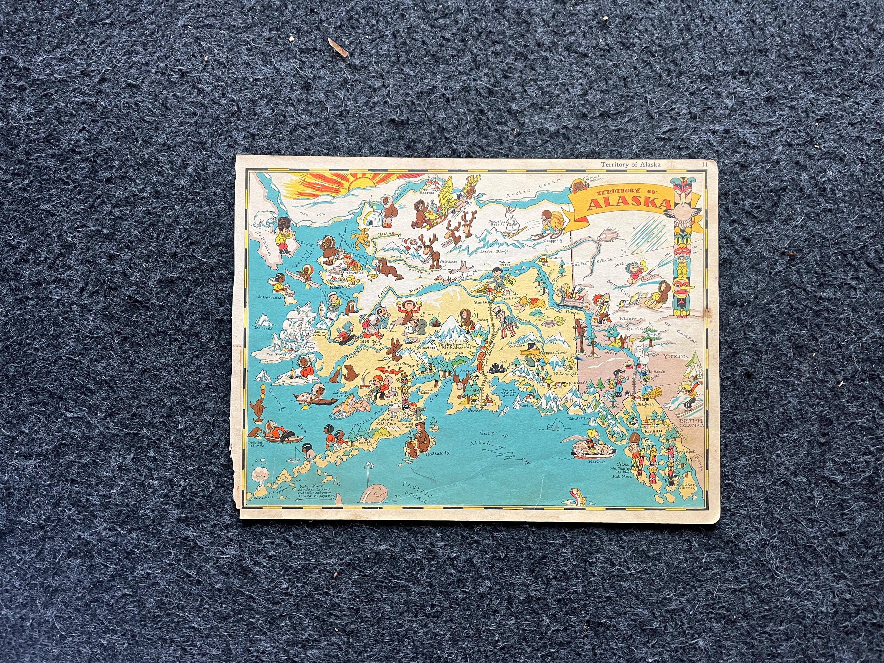 1931 Cartoon ALASKA Pictorial Map, Original Atlas Page, Cottage Core ...