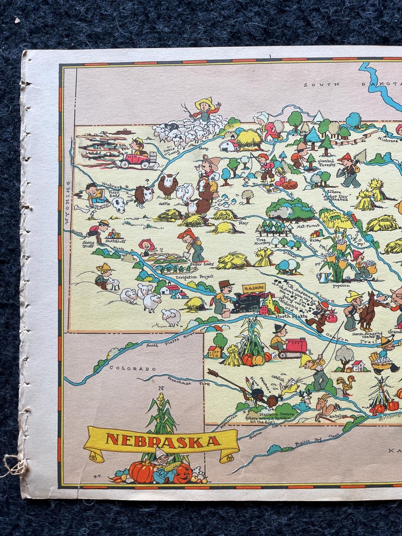 1931 Cartoon NEBRASKA Pictorial Map, Original Atlas Page, Cottage Core ...