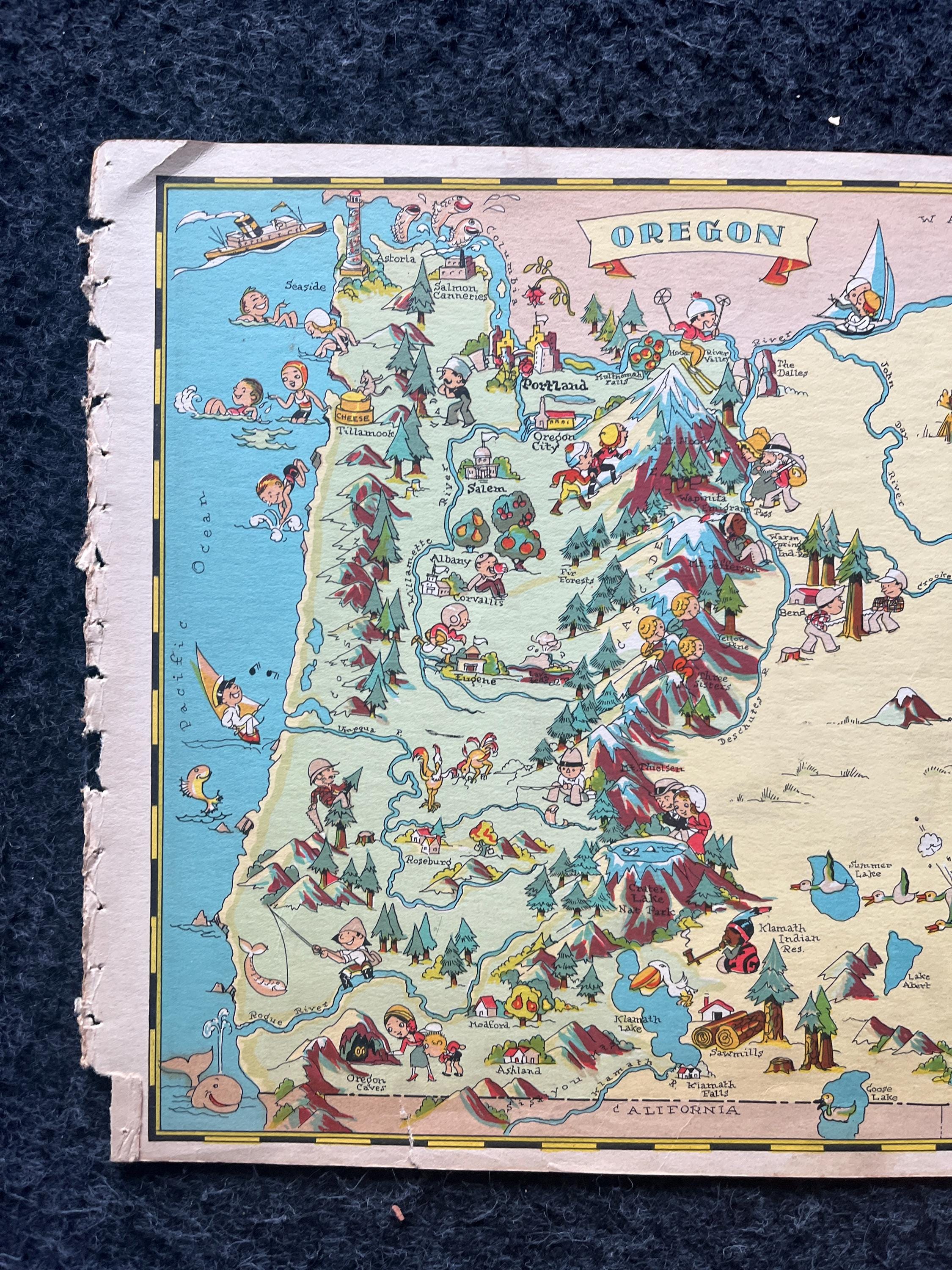 1931 Cartoon OREGON Pictorial Map, Original Atlas Page, Cottage Core ...