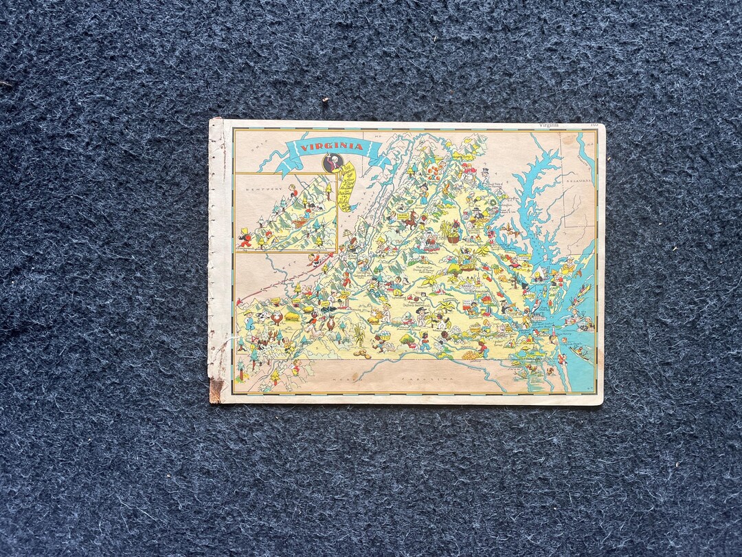 1931 Cartoon Virginia Pictorial Map, Original Atlas Page, Cottage Core ...