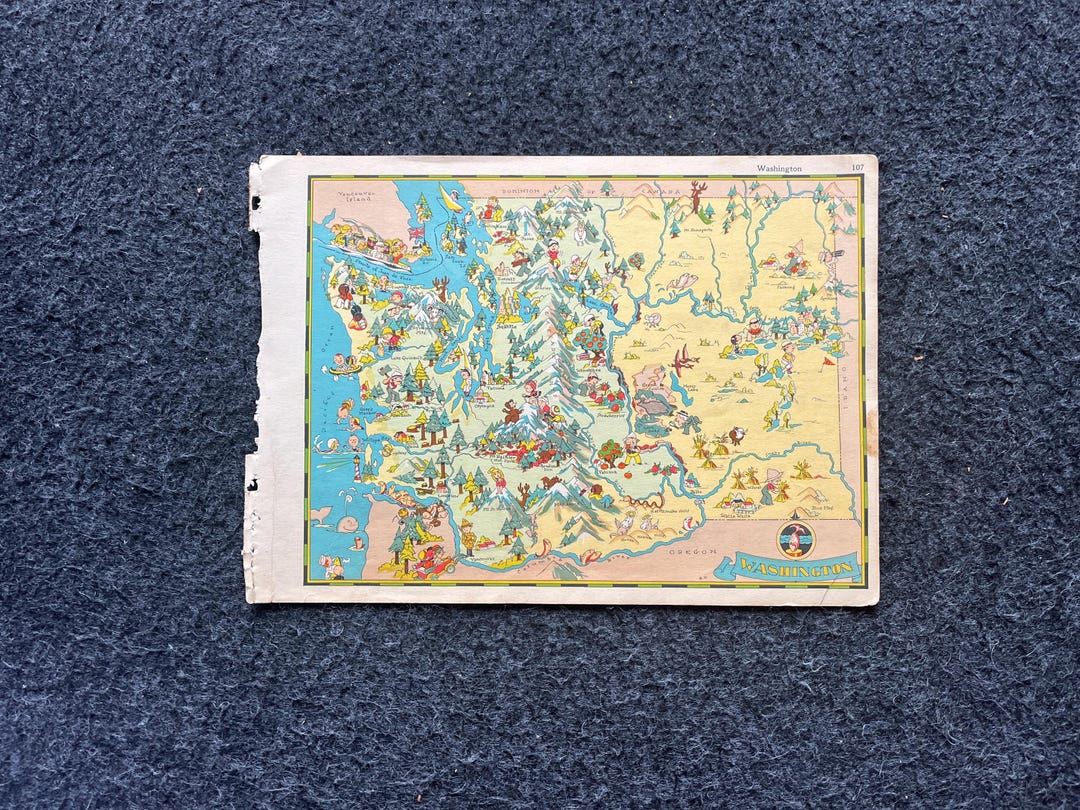 1931 Cartoon WASHINGTON Pictorial Map, Original Atlas Page, Cottage ...