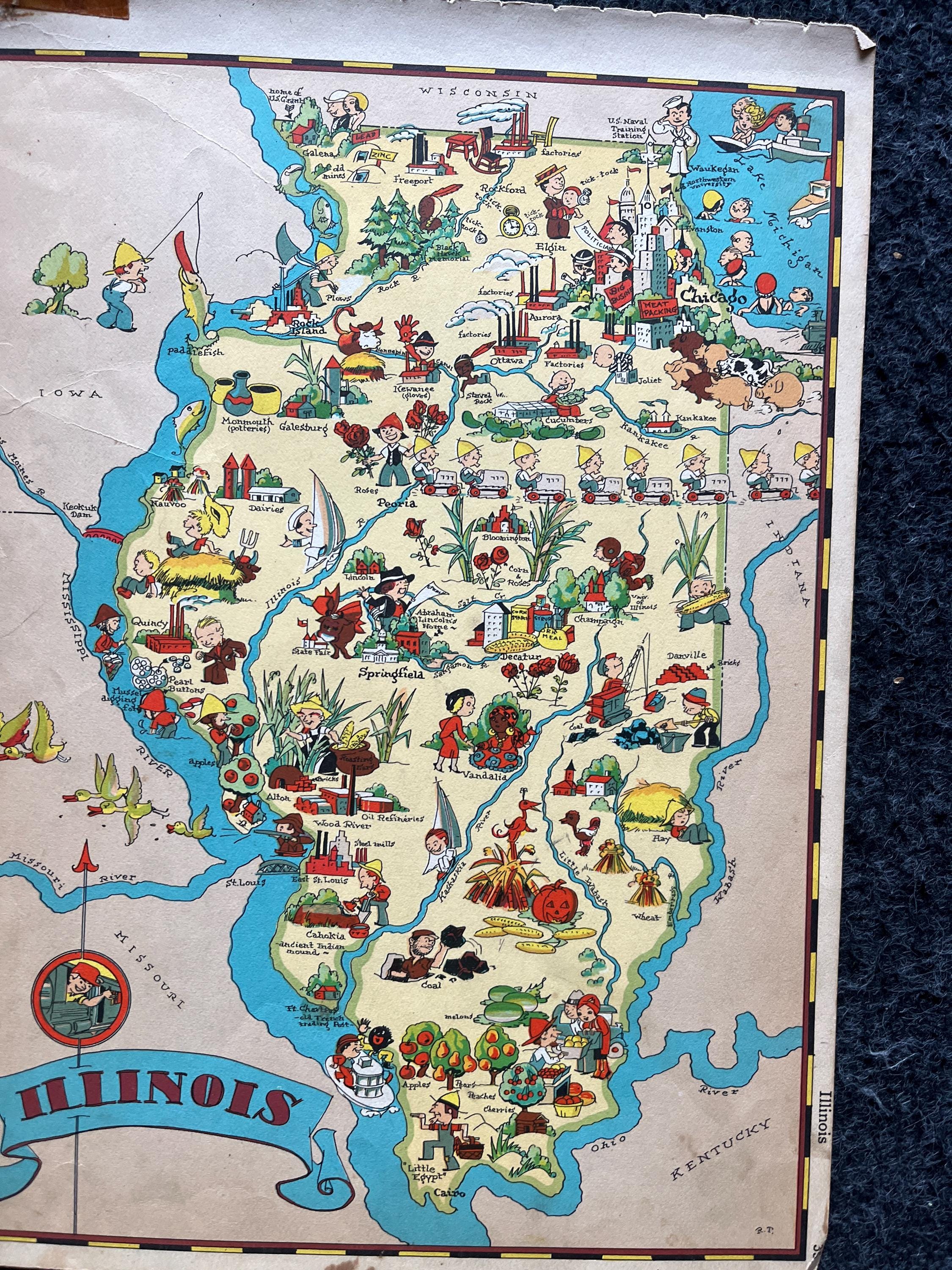1931 Cartoon ILLINOIS Pictorial Map, Original Atlas Page, Cottage Core ...