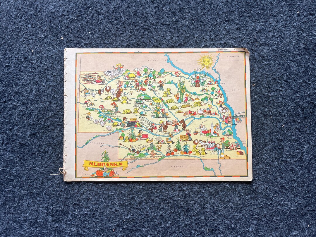 1931 Cartoon NEBRASKA Pictorial Map, Original Atlas Page, Cottage Core ...
