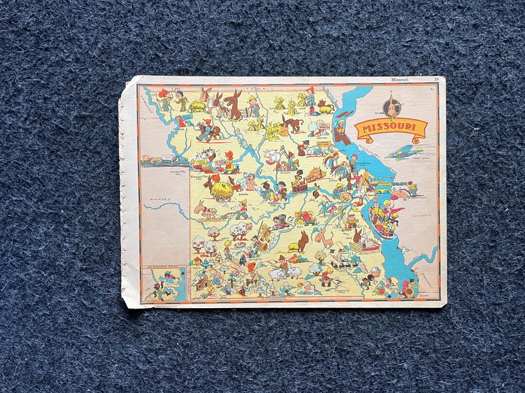 1931 Cartoon MISSOURI Pictorial Map, Original Atlas Page, Cottage Core ...