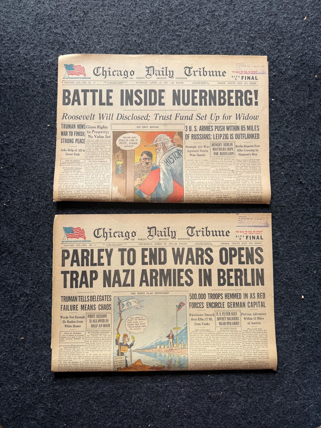 Late WW2 Fall of Germany FRONT PAGES ONLY, Original Vintage Newspaper ...