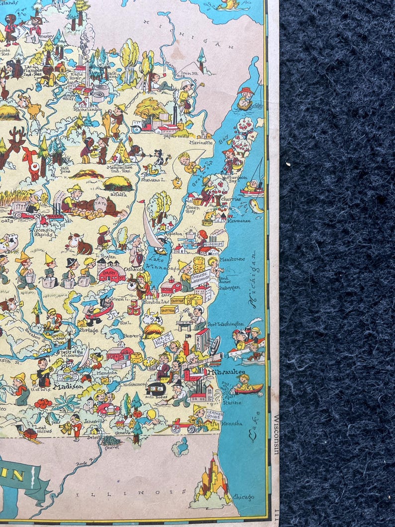 1931 Cartoon WISCONSIN Pictorial Map, Original Atlas Page, Cottage Core ...