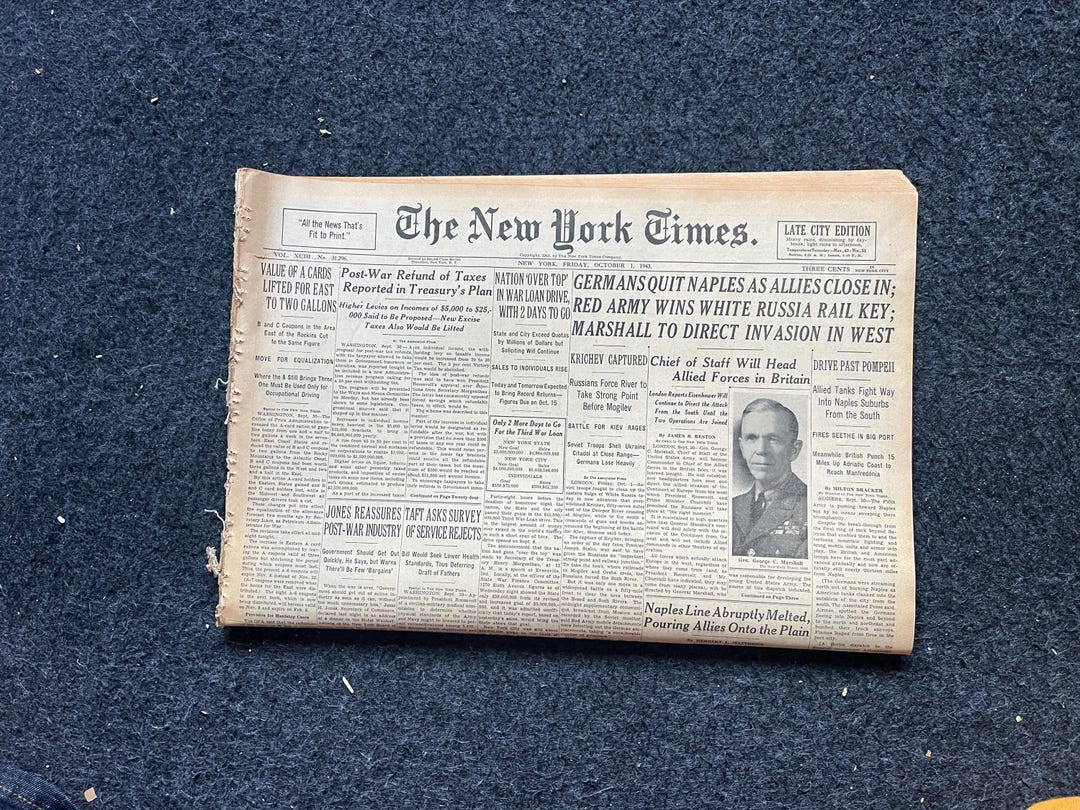 1943 Naples Surrender Newspaper: Original WW2 European Theatre ...