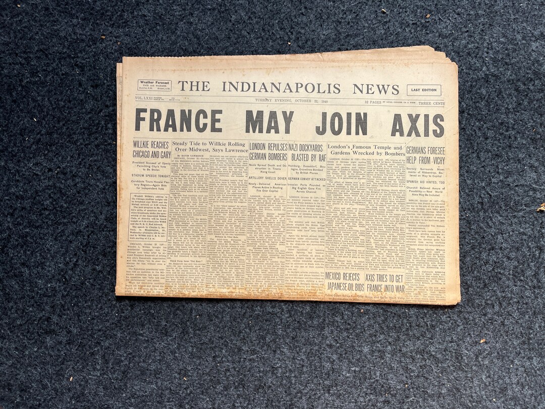 WW2 France Joins Axis, Fall of France, WW2 Newspaper, Vintage Antique ...