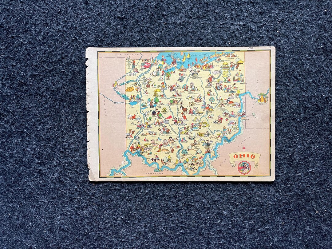 1931 Cartoon OHIO Pictorial Map, Original Atlas Page, Cottage Core Art ...