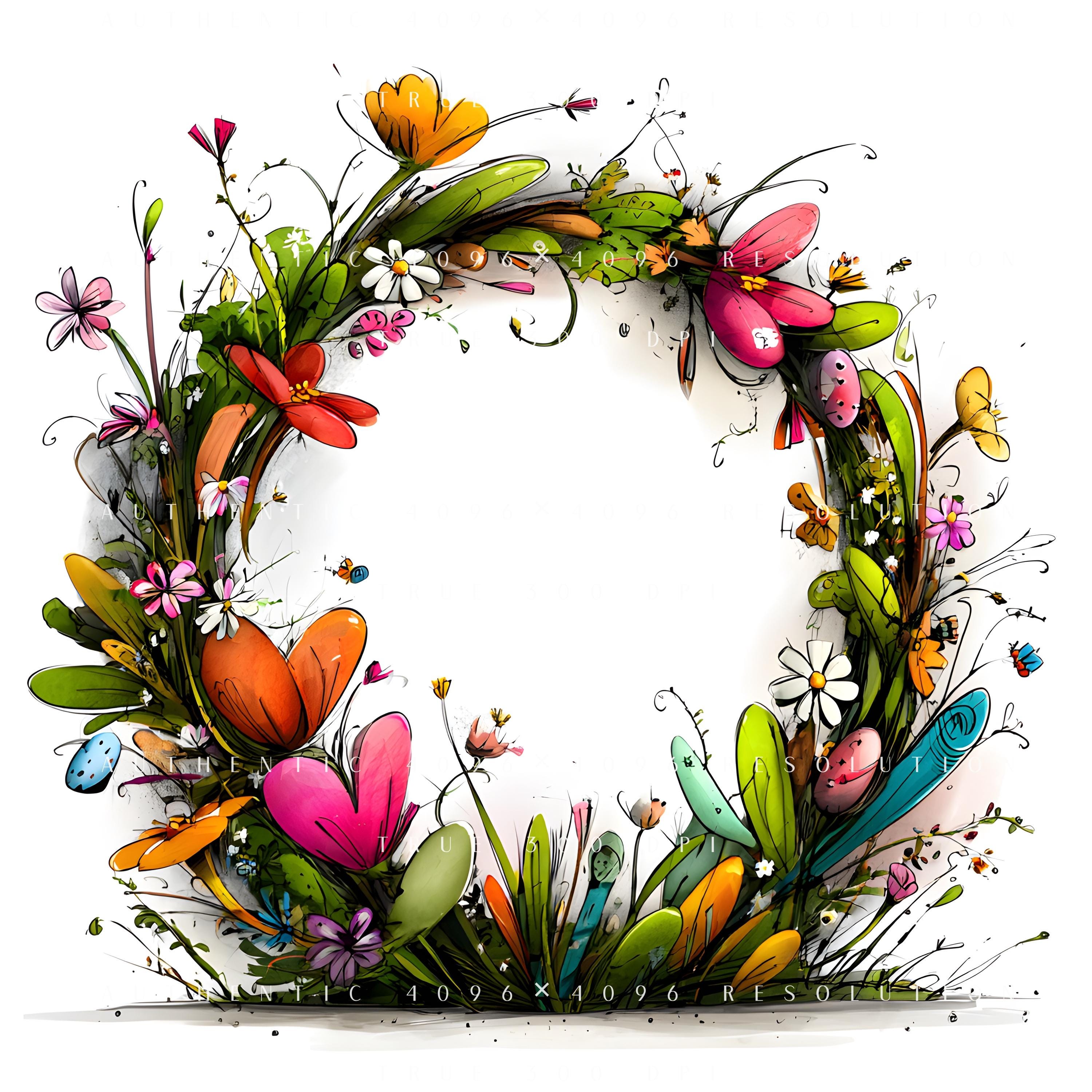 18 Whimsical Easter Wreath Clipart, Spring Floral Frame With Eggs ...