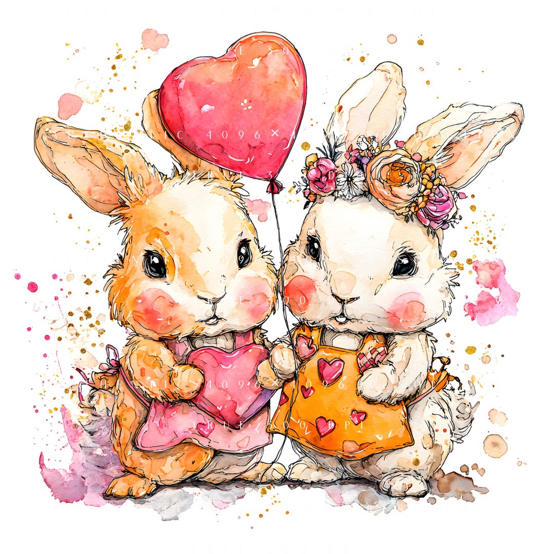 20 Valentine Bunny Clipart, Cute Love Rabbits, Pink Heart Decor ...