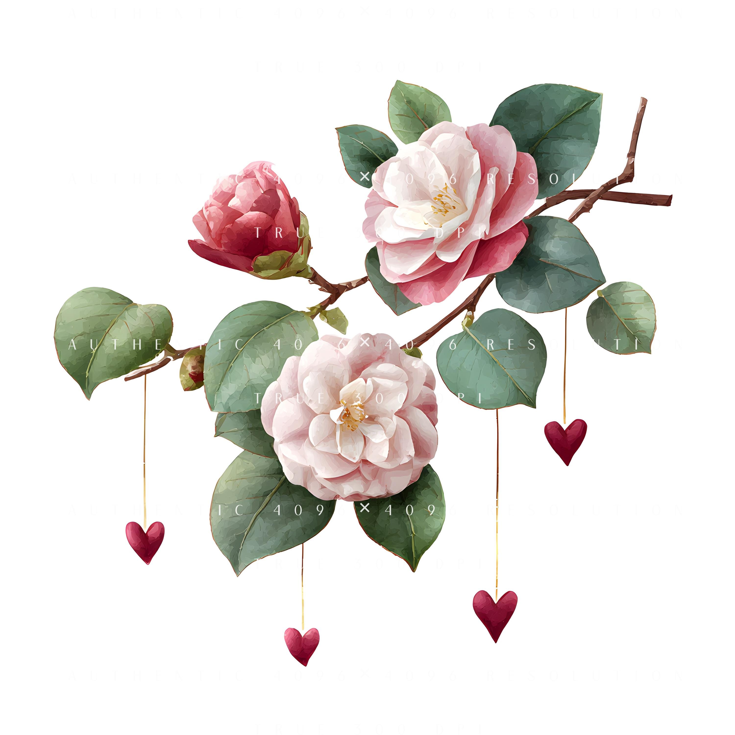 33 Watercolor Valentine Flower Clipart, Gold Ink, Floral Heart Decor ...