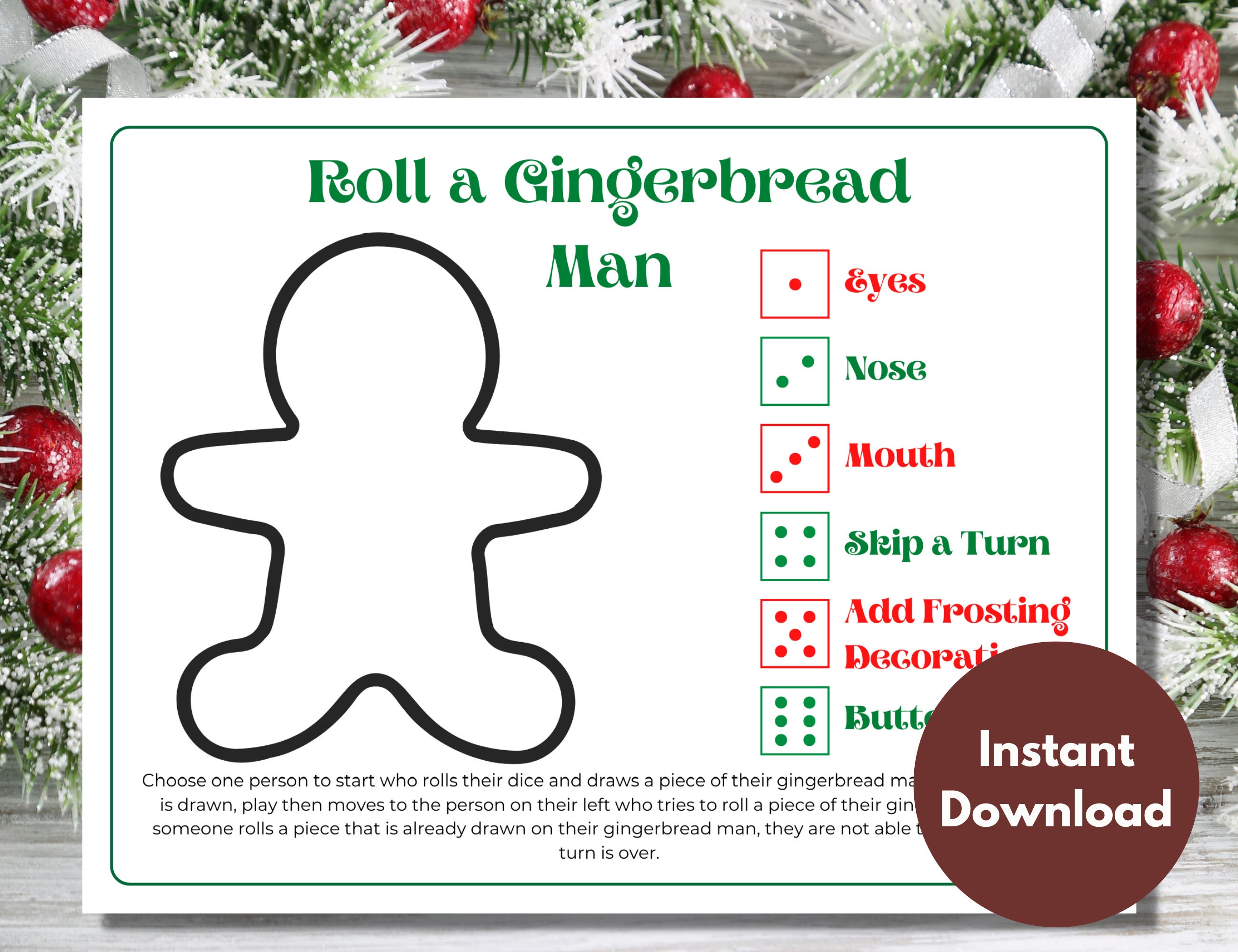 Roll a Gingerbread Man, Dice Game, Christmas Drawing Game, Printable ...