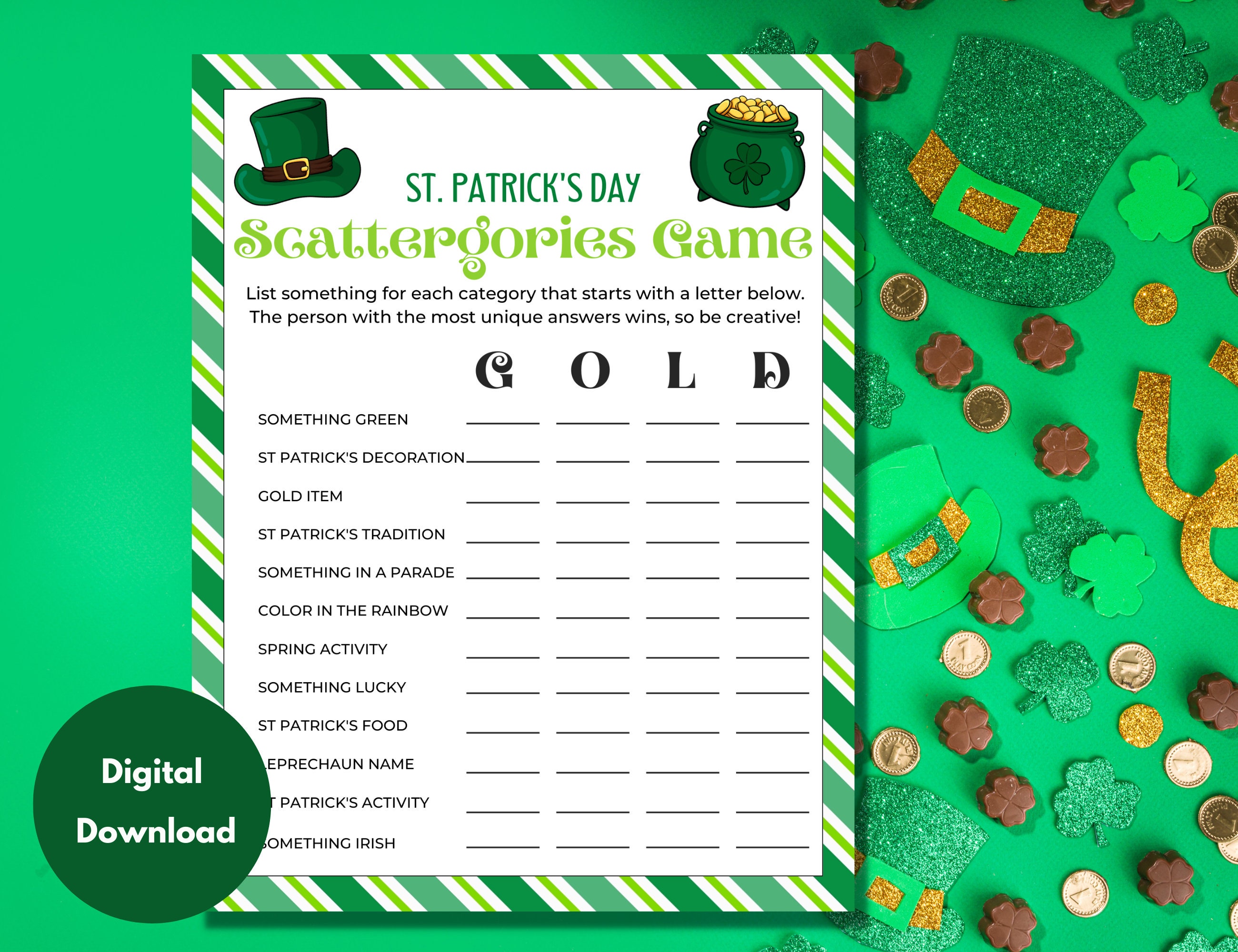 St Patrick's Day Scattergories Game, St Patrick's Day Word Game, St ...
