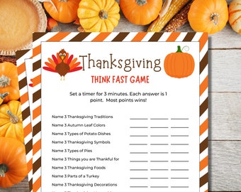 Thanksgiving Think Fast Game Printable Thanksgiving Game - Etsy