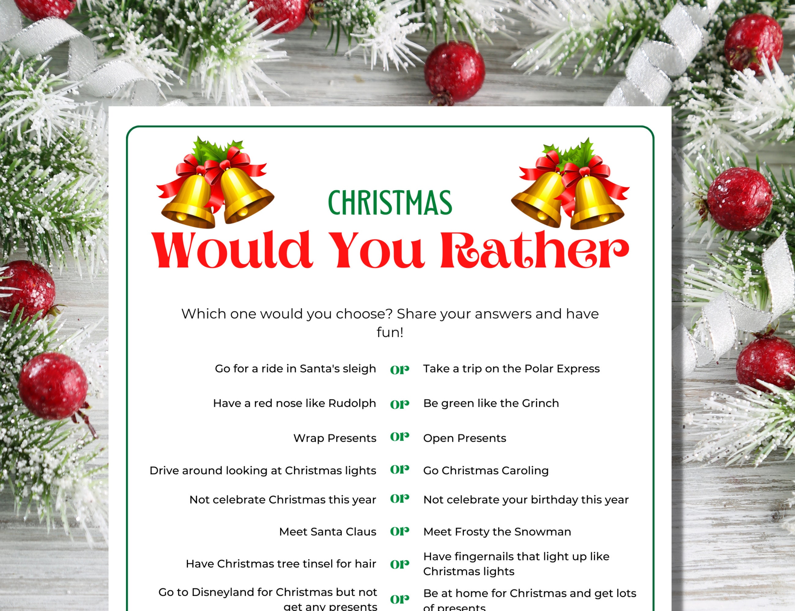 Christmas Games, Christmas Would You Rather, This or That, Printable ...