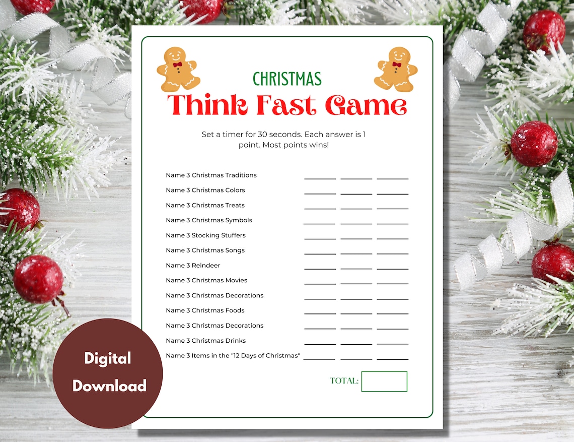 Christmas Games, Christmas Think Fast Game, Trivia Game, Printable ...