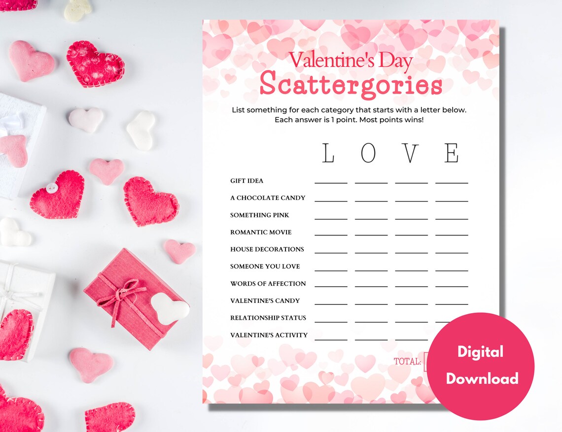 Valentines Day Scattergories Game, Valentines Day Word Game, Valentines ...