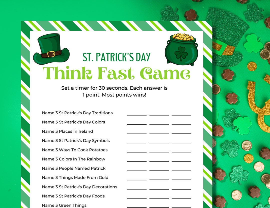 St Patrick's Day Think Fast Game, St Patrick's Day Trivia Game, St ...