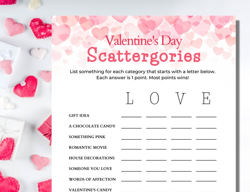 Valentines Day Scattergories Game, Valentines Day Word Game, Valentines ...