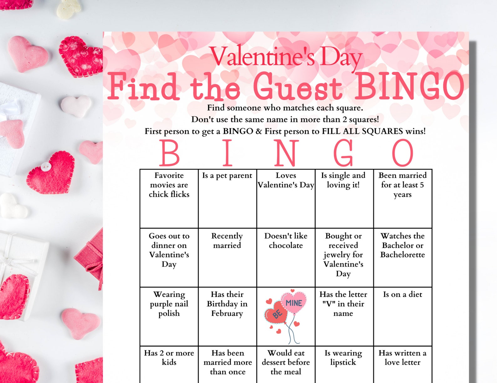 Valentines Day Find the Guest Bingo, Ice Breaker Game, Mix & Mingle ...