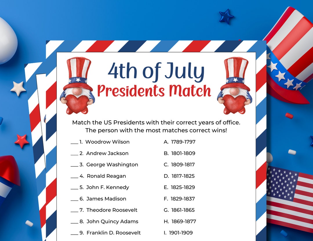 Presidents Match | 4th of July Trivia Game | 4th of July Games | Party ...