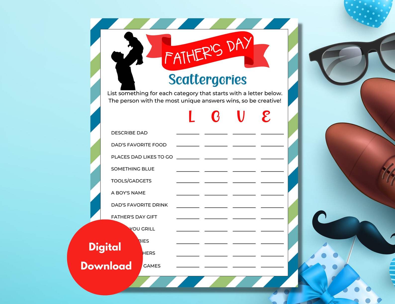 Fathers Day Scattergories Game | Fathers Day Word Game | Fathers Day ...