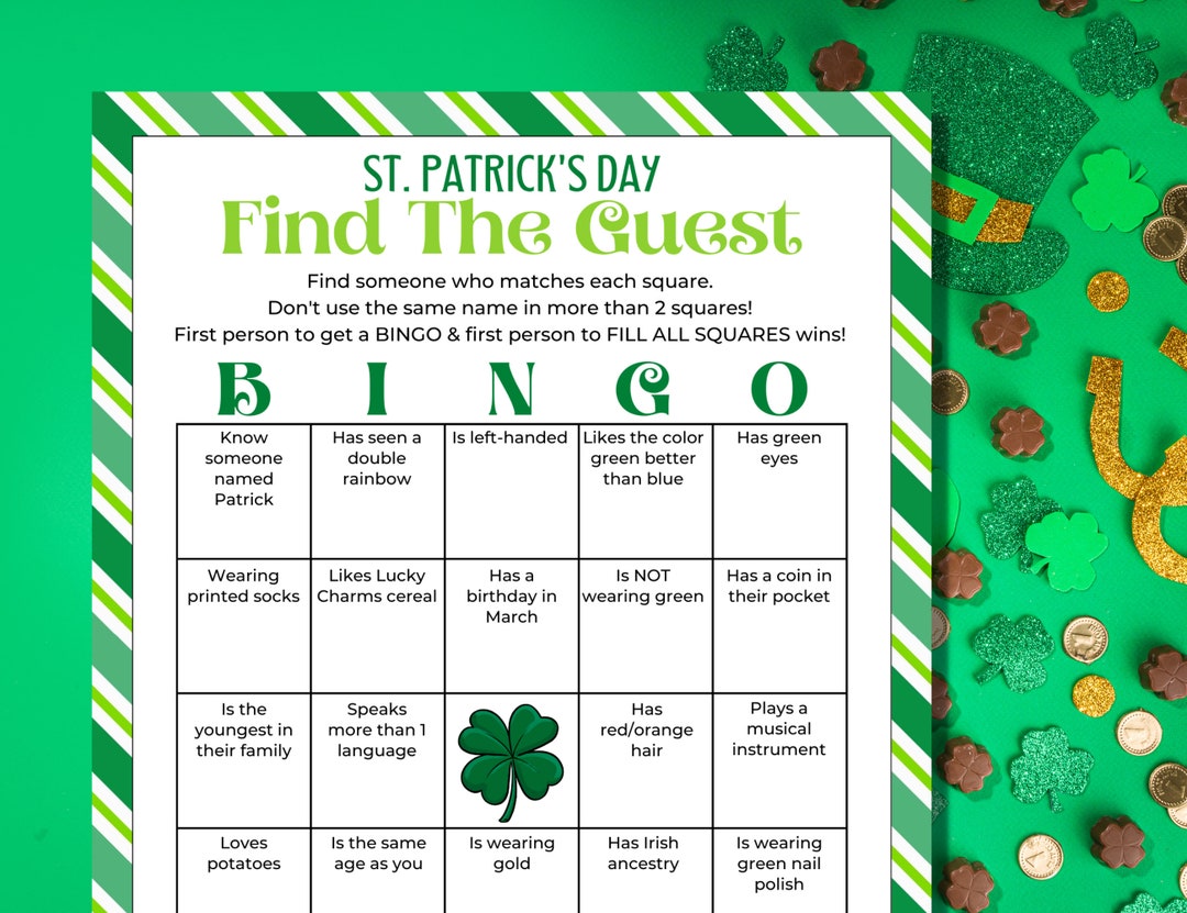 St Patrick's Day Find the Guest Bingo, Ice Breaker Game, Mix & Mingle ...