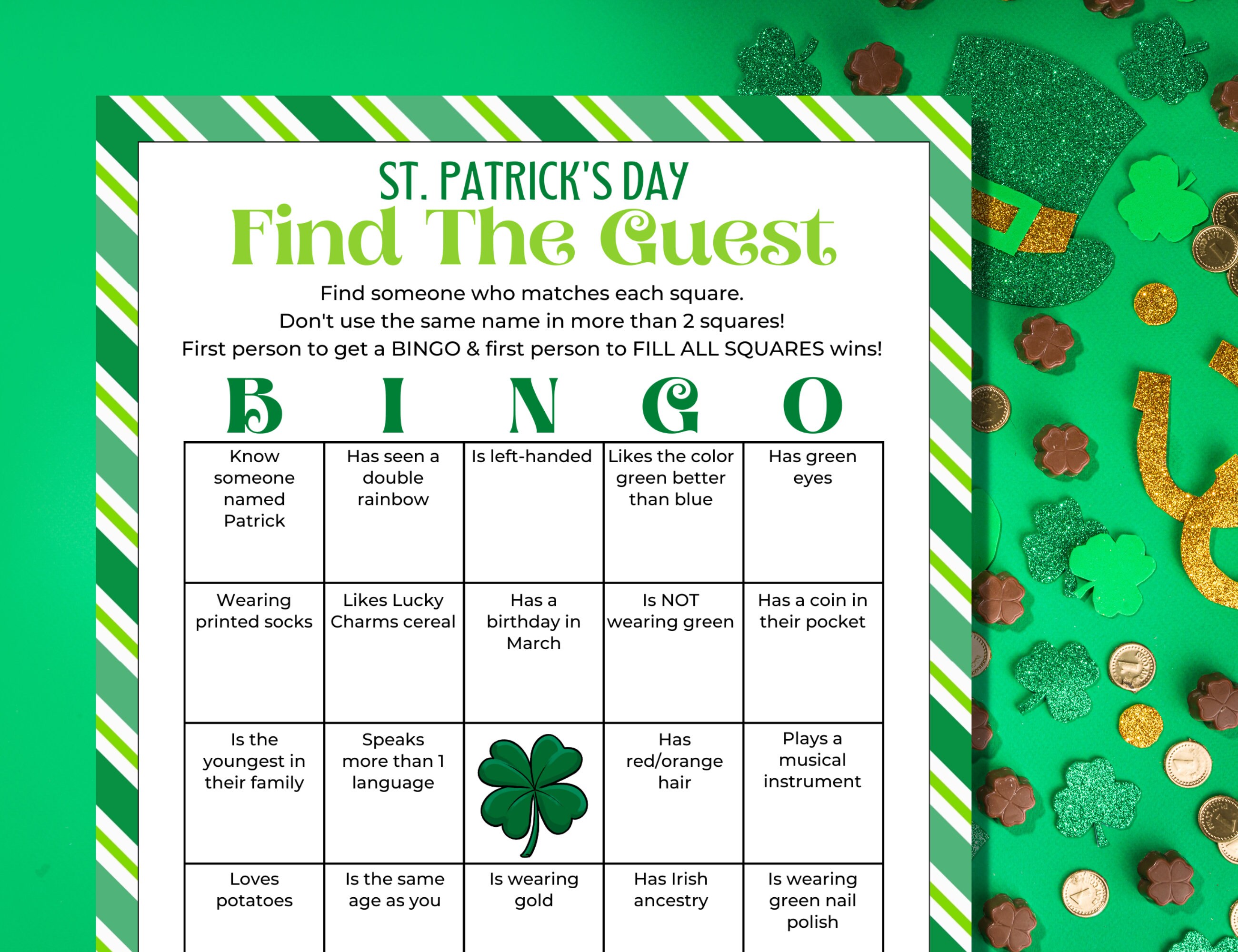St Patrick's Day Find the Guest Bingo, Ice Breaker Game, Mix & Mingle ...