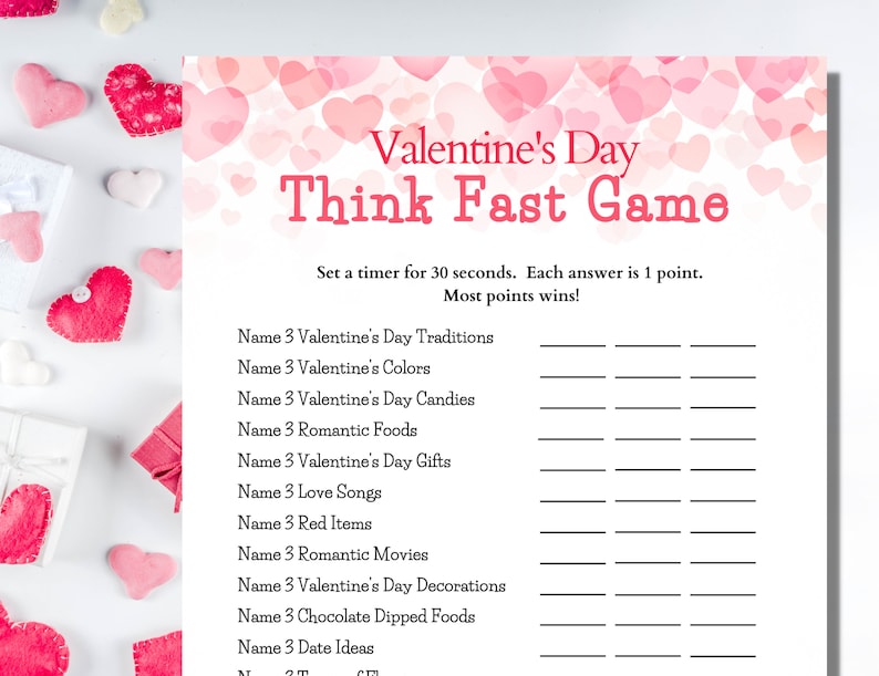 Valentines Day Think Fast Game, Valentines Day Games, Valentines Day ...