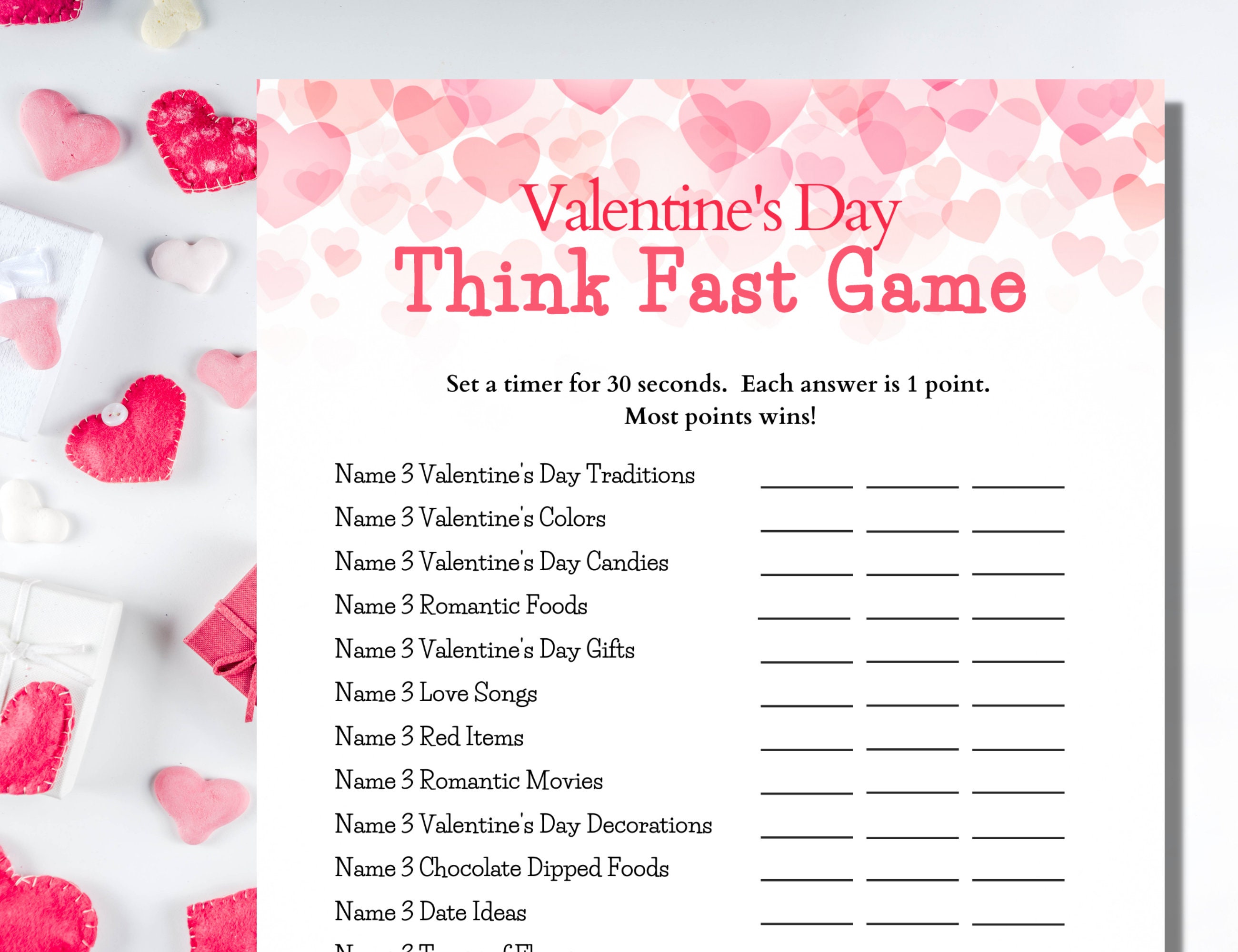 Valentines Day Think Fast Game, Valentines Day Games, Valentines Day ...