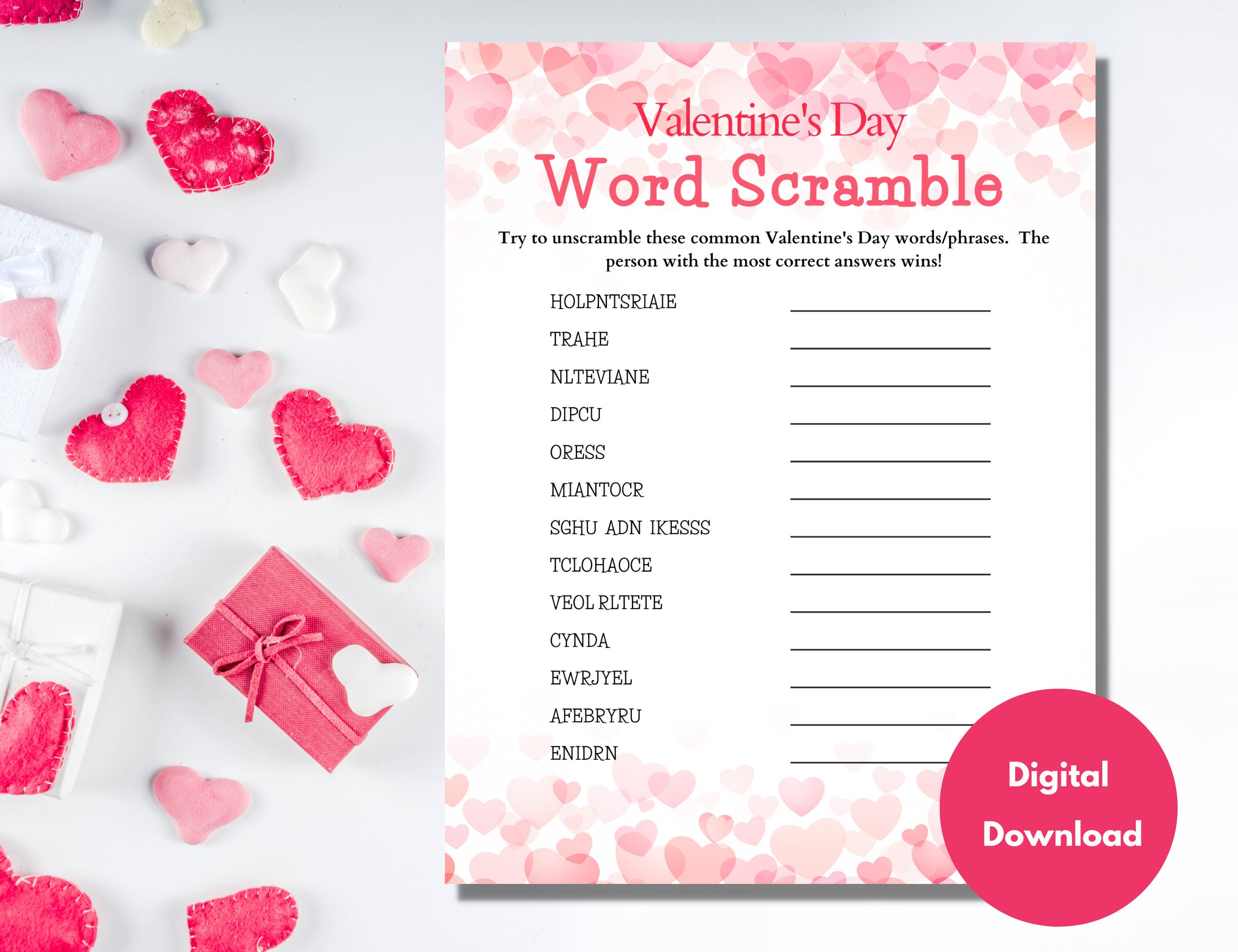 Valentines Day Word Scramble Game, Valentines Day Unscramble Game ...