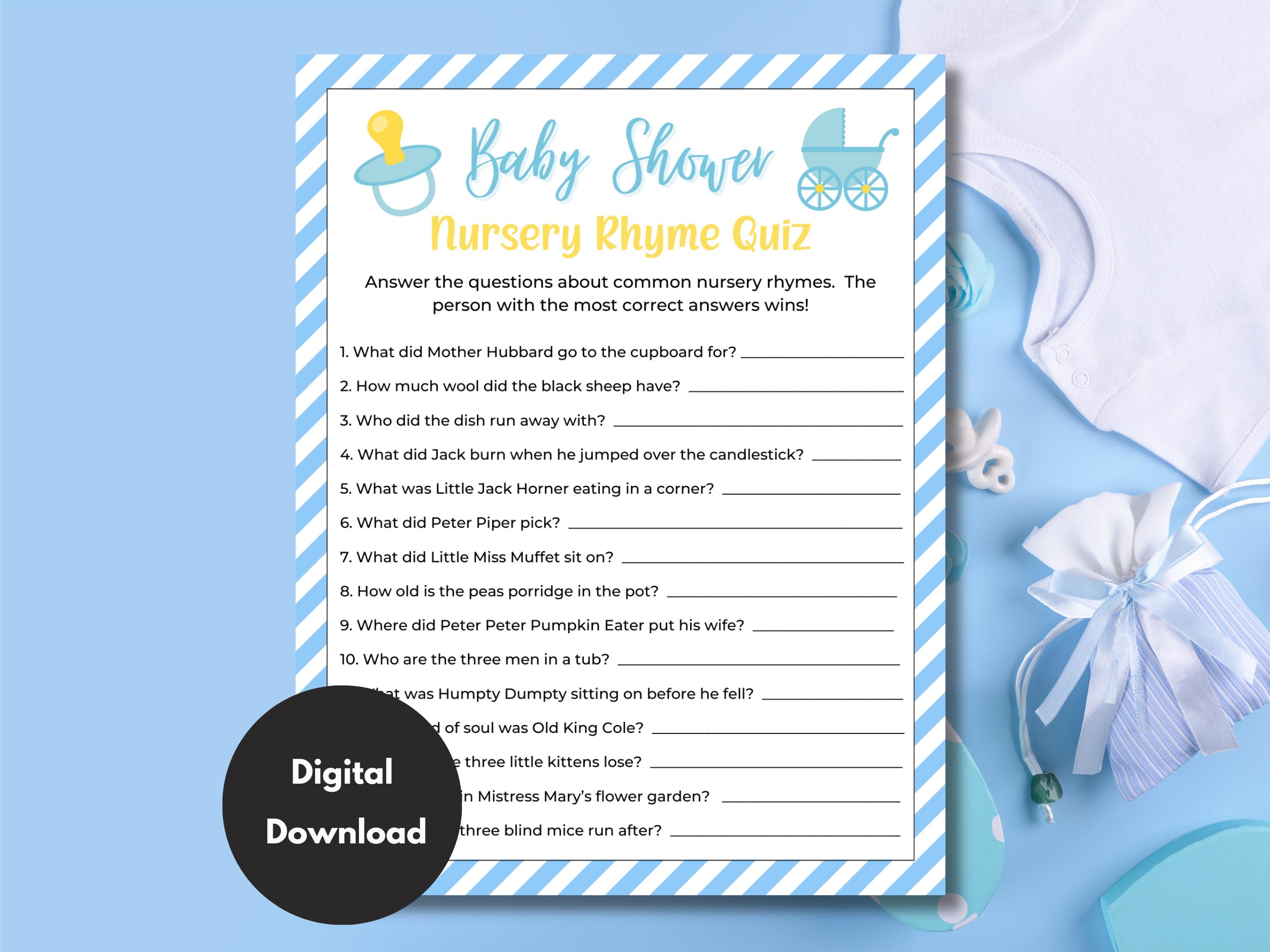 Nursery Rhyme Game | Baby Nursery Rhyme Quiz | Printable Baby Shower ...