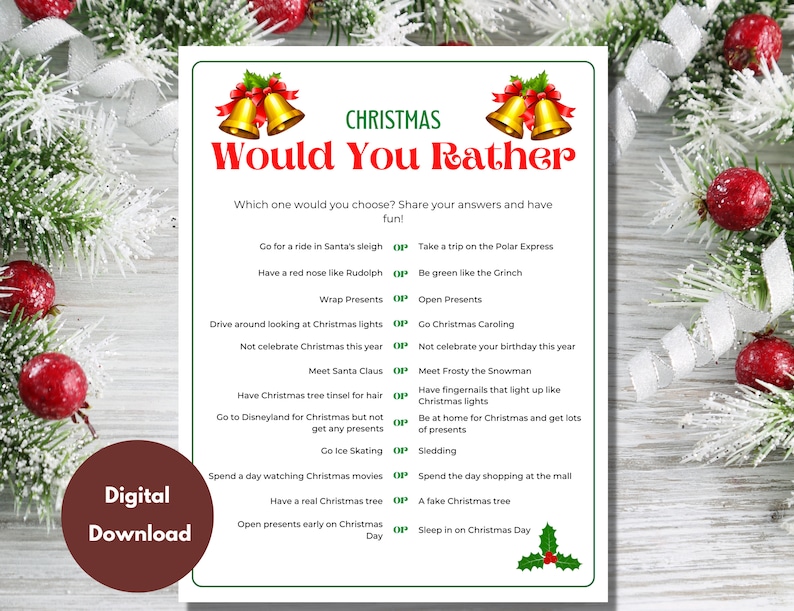 Christmas Games, Christmas Would You Rather, This or That, Printable ...