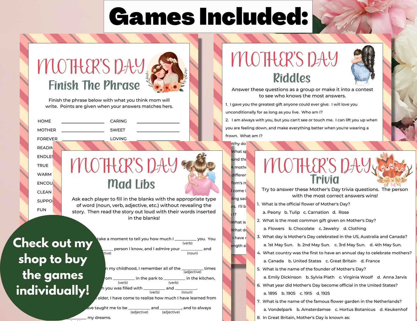 Mothers Day Games Mothers Day Party Game Mothers Day Game Bundle ...