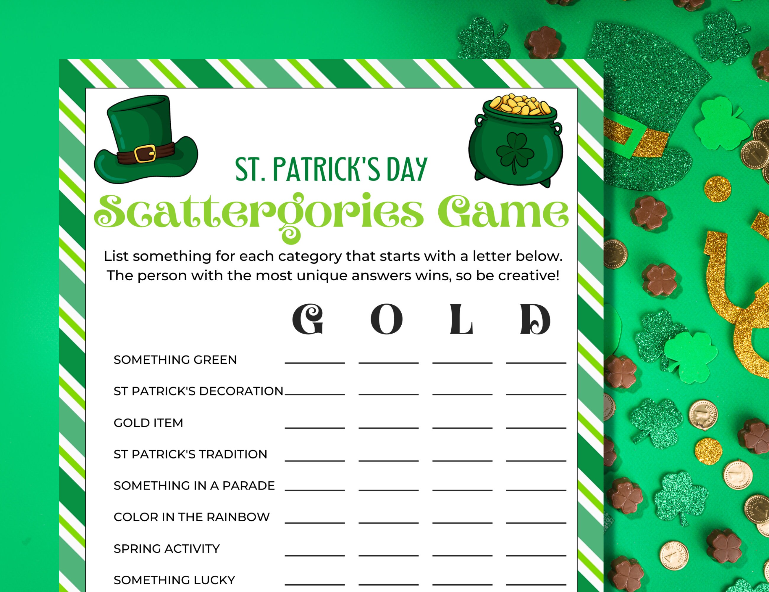 St Patrick's Day Scattergories Game, St Patrick's Day Word Game, St ...