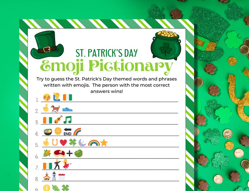 St Patrick's Day Emoji Pictionary Game, St Patrick's Day Emoji Game, St ...